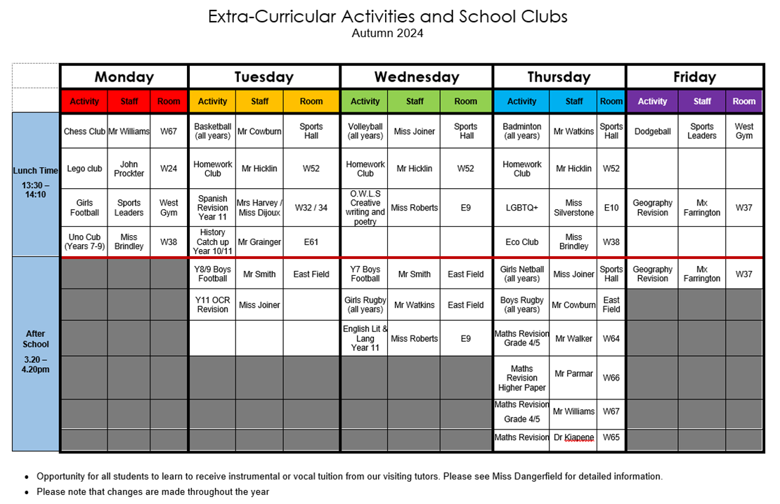 PE Extra Curricular Activities Timetable | Oldbury Wells